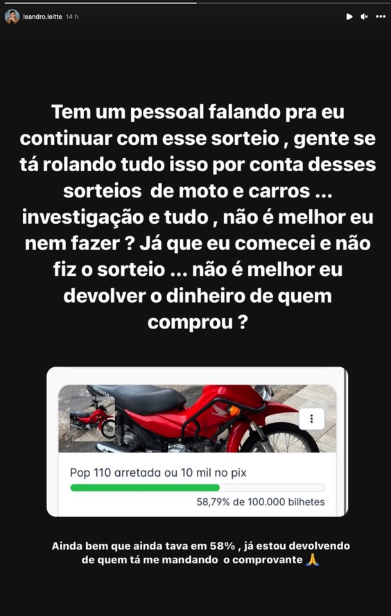 Leandro Leitte cancela sorteio da primeira moto que iria rifar após ...